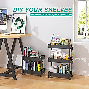 Boeeoan 3 Tier Rolling Utility Storage Cart, Mobile Shelving Organizer with Hooks for Kitchen Bathroom Laundry Room Living Room, Black