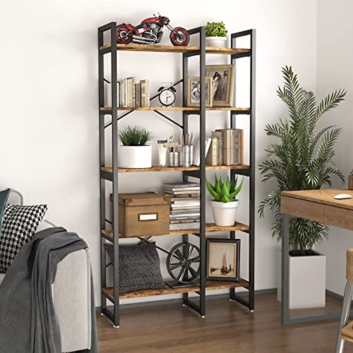Easyzon 5 Tier Bookshelf and Bookcase, Rustic Industrial Bookshelf, Large Etagere Bookshelf Open Display Shleves with Metal Frame for Living Room Bedroom Home Office