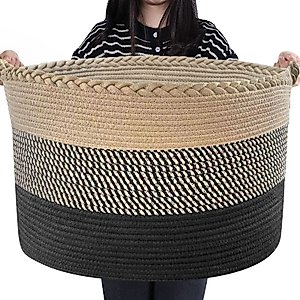 Large Woven Cotton Rope Basket - 22" x22"x 14", Baby Laundry Basket, Blanket Basket, Storage Baskets, Home Organizing Bins and Nursery Decor with Handle for Blankets, Toys, Clothes