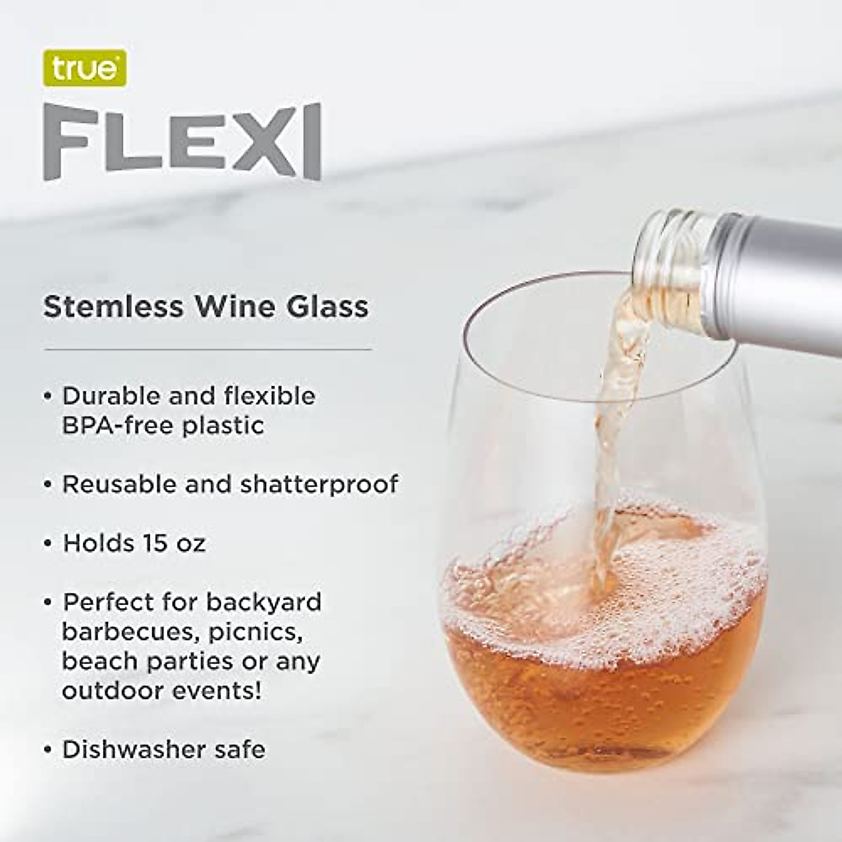 True Flexi Stemless Wine Glass, Clear Plastic Tumblers, Stemless Flexible Wine Glass, 15 Ounces, Drinkware, Clear, Set of 1
