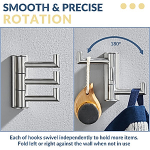 APLusee Brushed Nickel Swivel Towel Hook, 304 Stainless Steel Foldable Clothes Hook with Three Rotating Arm, Flexible Bathroom Kitchen Storage Hanger, Wall Mounted