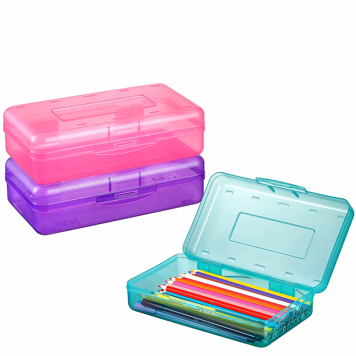 Sooez 3 Pack Pencil Case, Large Pencil Box Case, Clear Crayon Marker Box Bulk, Hard Plastic School Supplies with Snap-tight Lid, Stackable Storage Container Art Craft Organizer for Bead Pens