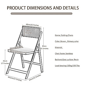 Folding Chairs Household Rattan Weaving Ergonomics Fold Up Chair, Kitchen Bamboo Backrest Dining Chair, Load-bearing150kg/330.7lbs (Color : Primary Color, Size : 82 * 54 * 44.5cm)