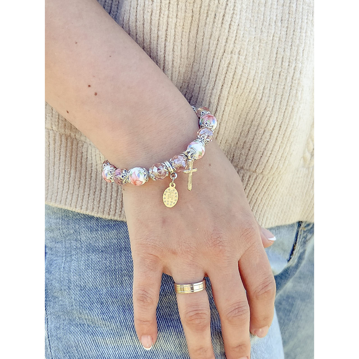 Nazareth Store Religious Cross Bracelet Pink Crystal Beaded Stretch Rosary Bracelet with Ceramic Flowers Beads Bangle Crucifix & Miraculous Medal Charm