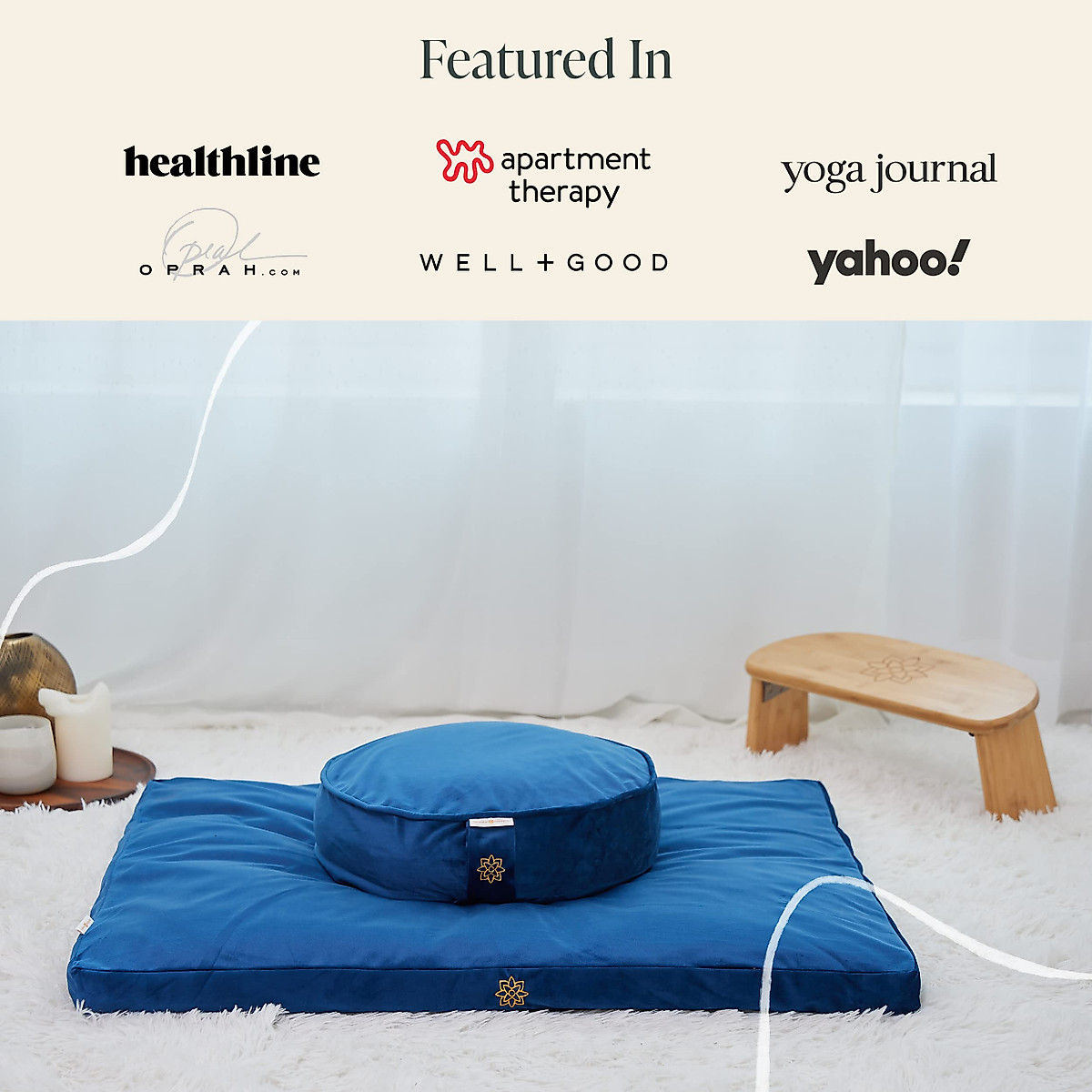 Mindful & Modern Meditation Cushion and Zabuton Meditation Mat Bundle - Premium Luxury Velvet Meditation Cushion Set for Yoga - Buckwheat Zafu Floor Pillow and Rectangular Mat - Royal Navy Color