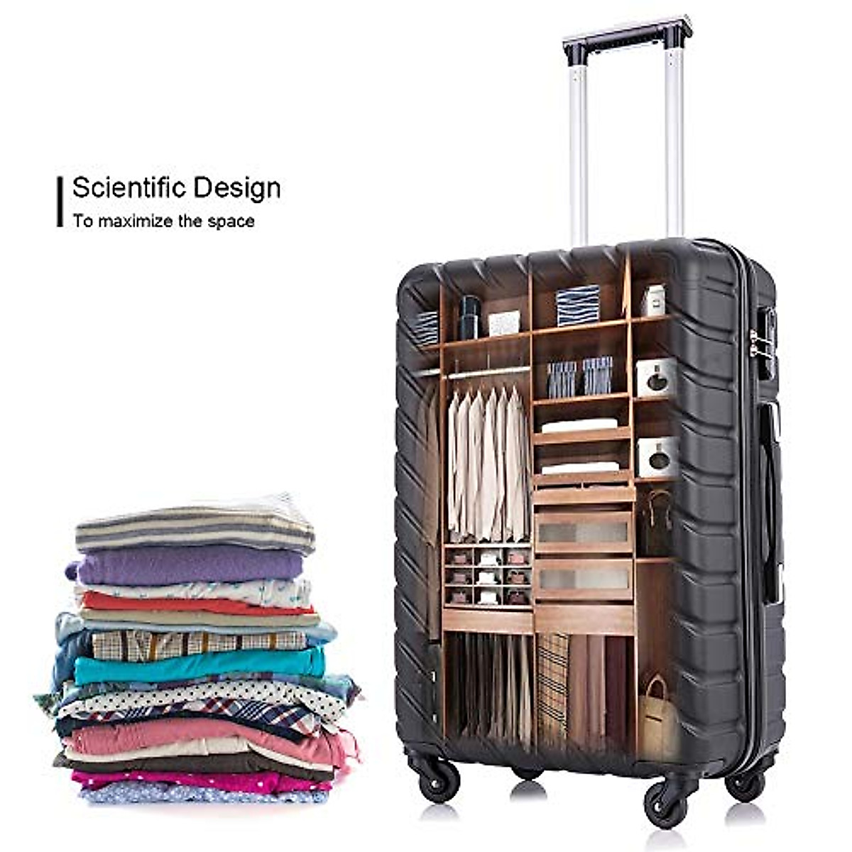 Apelila 4 Piece Hardshell Luggage Sets, Black Travel Suitcase, Check in & Carry On Luggages with Spinner Wheels Free Cover& Hangers Inside 18" 20" 24" 28"