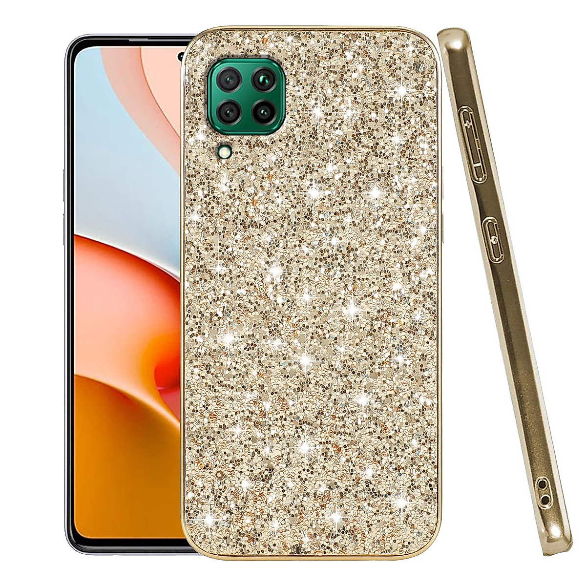 Compatible with Huawei P40 Lite Case Glitter Shockproof,Huawei P40 Lite Phone Case Bling Sparkly Soft TPU and PC Silicone Shiny Girl Women Thin Protective Cover (Gold)