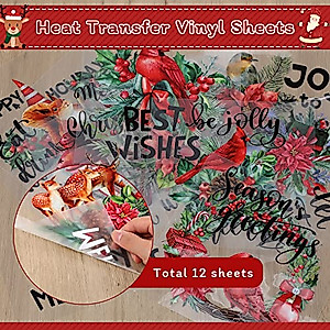 12 Sheets Christmas Iron on Transfers for T-Shirts Cardinal Iron on Decals Poinsettia Elk Candles Letter Tree Pattern Applique Stickers Wreath Heat Transfer Paper Stickers for DIY Xmas Clothing