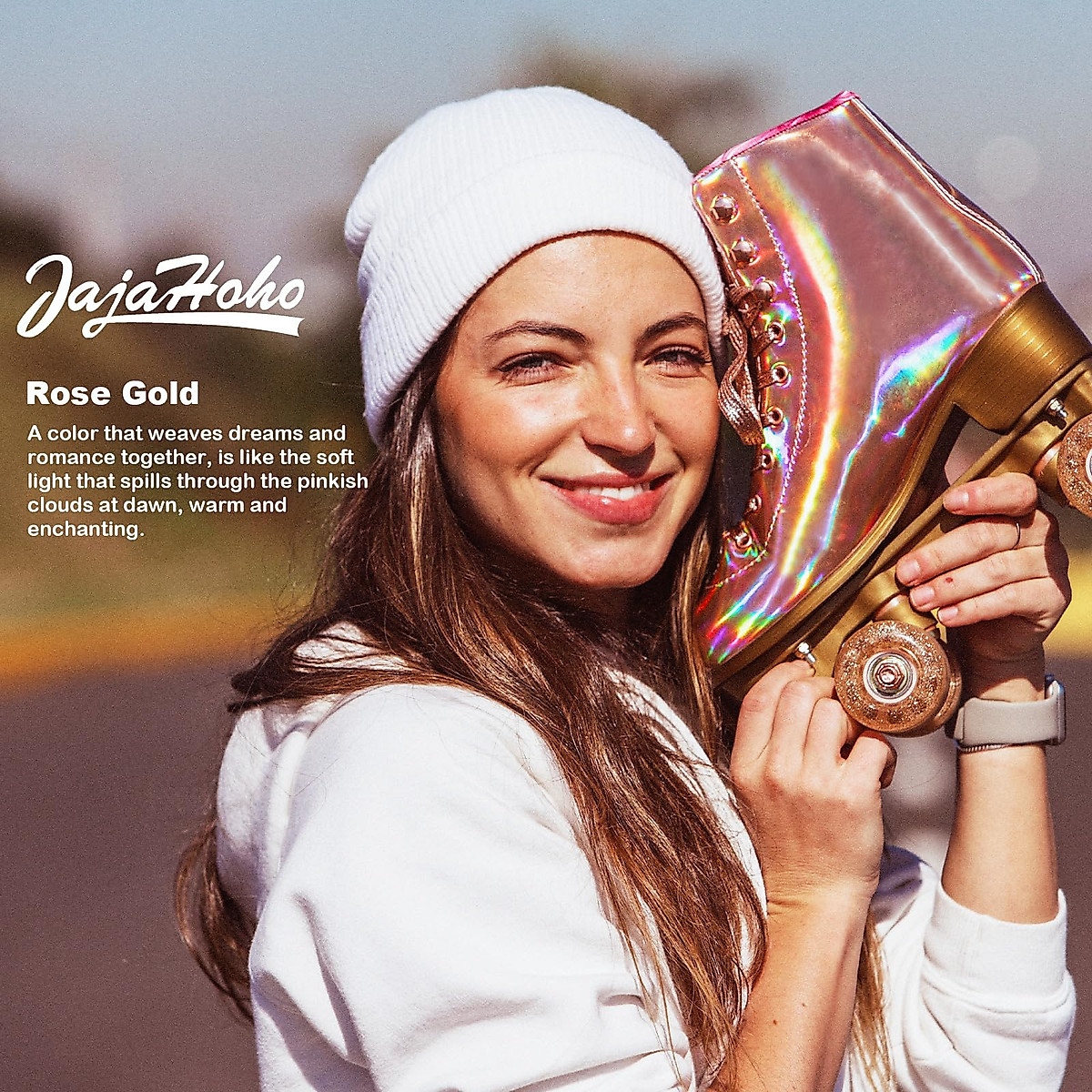 JajaHoho Roller Skates for Women, Holographic High Top PU Leather Rollerskates, Shiny Double-Row Four Pink Glitter Wheels Quad Skates for Girls and Age 8-50 Indoor Outdoor (Size 7, Rose Gold)