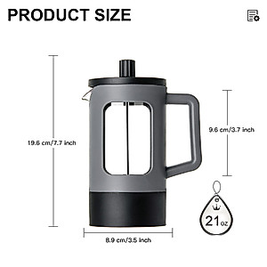 YOLIFE French Press Coffee Maker, 21 oz Small Coffee Tea Press with Heat-resistant Borosilicate Glass, 4-Level Filtration Systems, Portable Coffee Pot for Camping Travel Gifts, Grey and Black