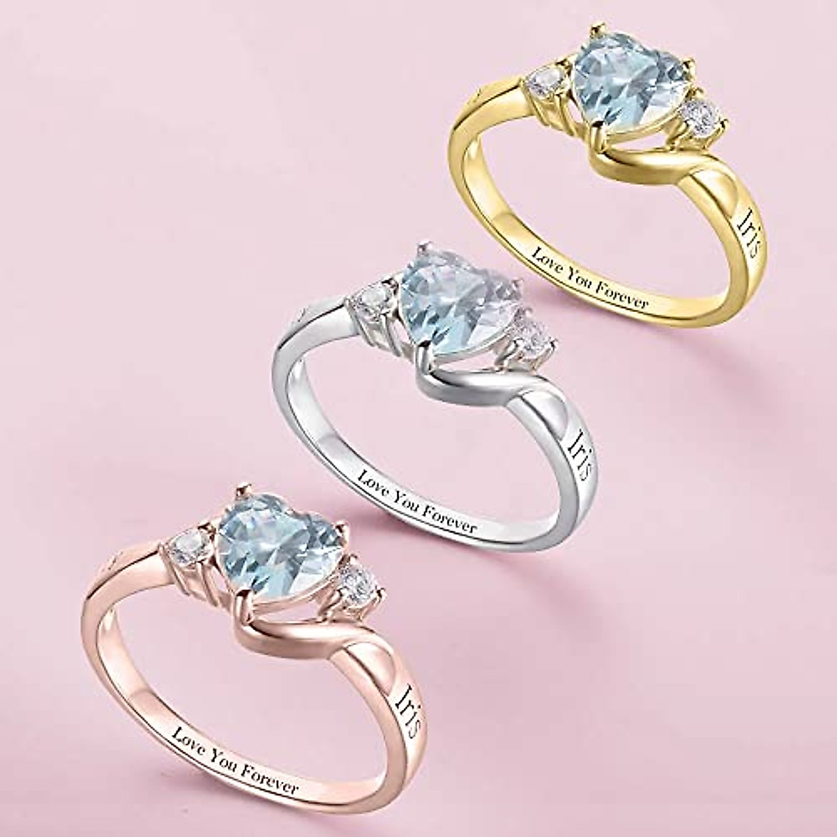 Custom Sterling Silver Promise Ring for Women Heart Shaped Stone Engagement Ring for Her Personalized Engraved Bridal Ring with Heart Simulated Birthstone Wedding Statement Engagement Ring