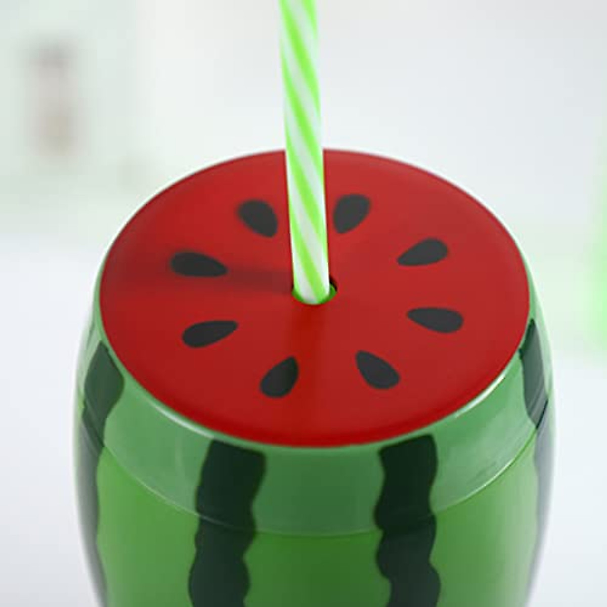 NUOBESTY 4pcs Fruit Shaped Cup Plastic Drinking Cup Watermelon Sippy Cup with Straw Lids for Summer Hawaiian Tropical Luau Party Supplies