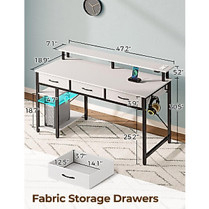 Rolanstar Computer Desk with Power Outlets & LED Light, 47 inch Home Office Desk with Drawers and Storage Shelves, Writing Desk with Monitor Stand, Modern Work Study Desk for Home Office, White