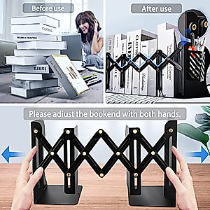 Heavy Duty Book Ends to Hold Books with Pen Holder, Adjustable Bookends, Metal Book Ends for Shelves, Black Book Holders Binder Organizer for Bookshelf Desk - Extends up to 19"