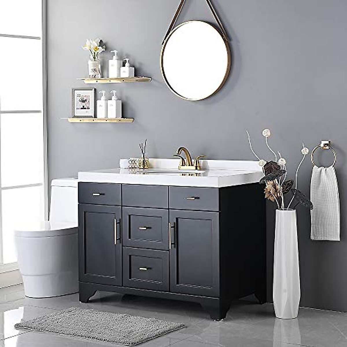 Phiestina Brushed Gold 4 Inch Centerset 2 or 3 Holes 2 Handle Bathroom Faucet, Bathroom Faucet with Copper Pop Up Drain and Water Supply Lines, BF008-5-BG