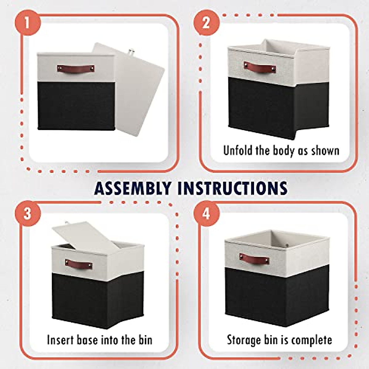 Ornavo Home Foldable Collapsible Storage Box Bins Linen Fabric Shelf Basket Cube Organizer with Leather Handles - Set of 6 - 13 x 13 x 13 - White/Black