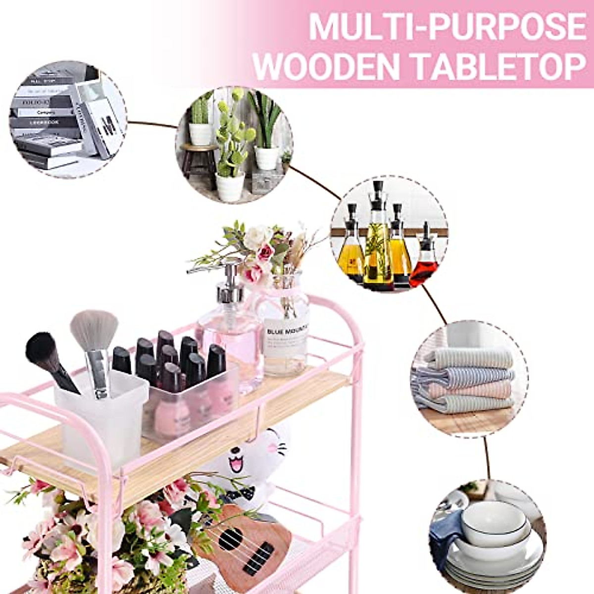 KINGRACK 4-Tier Slim Rolling Cart with Wooden Tabletop, Easy Assemble Metal Utility Cart, Slide Out Narrow Storage Cart for Narrow Space on Bedroom Bathroom Laundry Room Apartments Dormitory,Pink