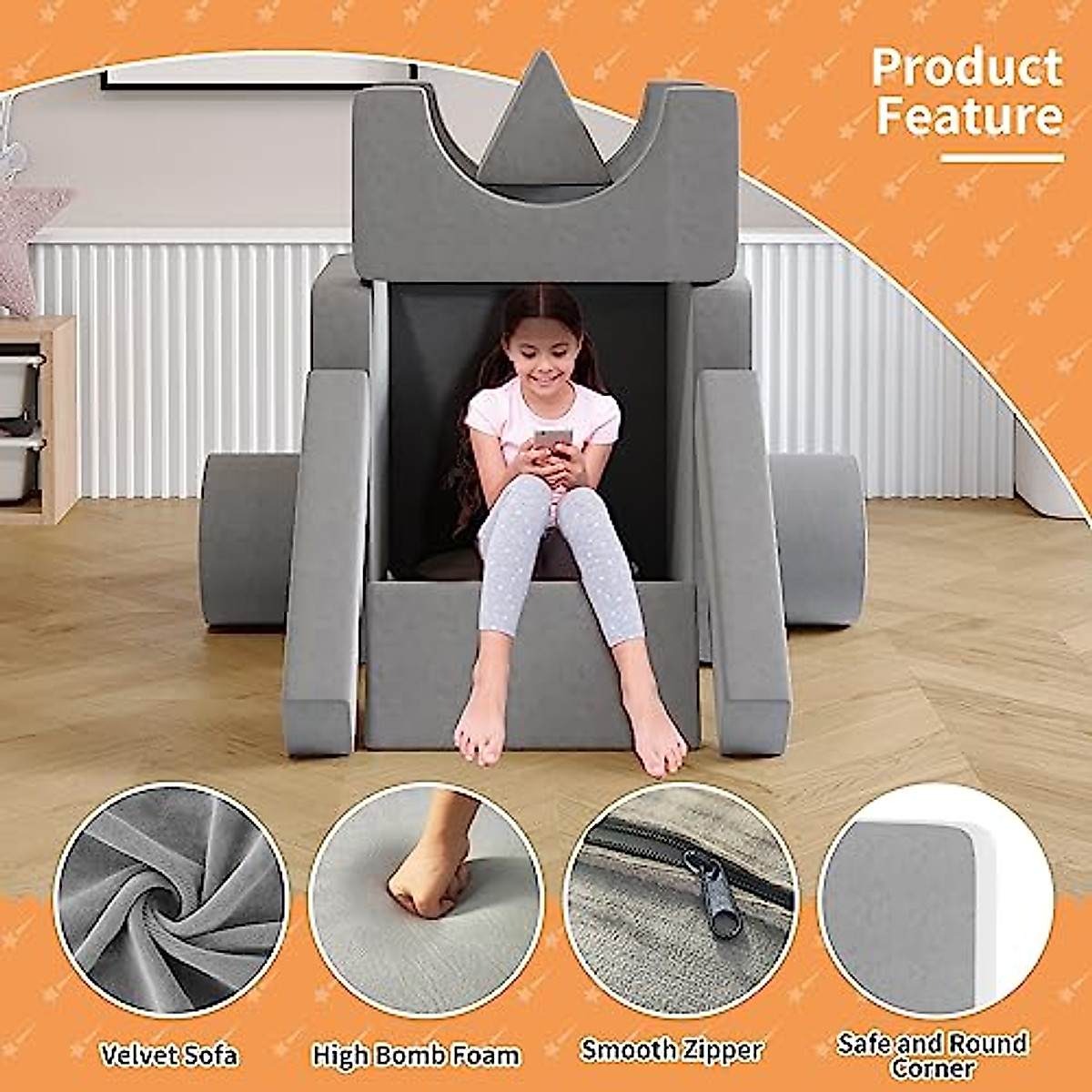 Kids Couch 13PCS, Modular Toddler Couch with 2 Ottomans, Fold Out Kids Couch for Playroom Bedroom, Modular Kids Couch for Boys and Girls, Kids Play Couch for Kids(50.5"L×25.2"W×17.3"H) (Gray, M)