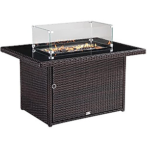 OAKVILLE FURNITURE 44 in Propane Fire Pit Table, 50000 BTU Rectangular Outdoor Gas Fire Pit, Brown Wicker Aluminum Tabletop in Tempered Fire Glass for Outside Patio Garden, Backyard