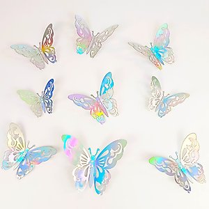 Silver Butterfly Wall Decor - 48pcs Laser Silver Butterfly Decor, Butterfly Decorations, 3D Butterflies Wall Decor for Kids Bedroom Nursery Room Birthday Butterfly Party Decorations