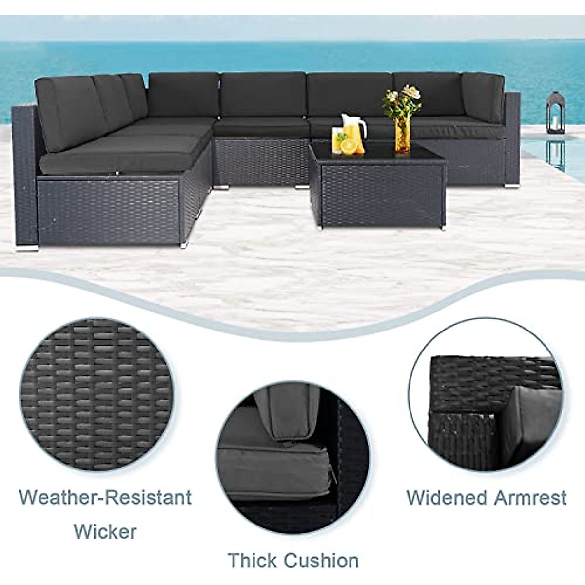 Incbruce 7 Piece Outdoor Patio Furniture Set All-Weather Sectional Sofa Outside Couch, Manual Weaving PE Wicker Rattan Conversation Set with Glass Top Table and Removable Cushions (Gray)