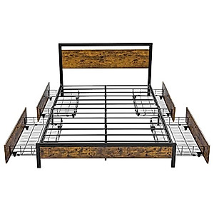 LAGRIMA Queen Size Bed Frame with 4 Drawers, Metal Platform Storage Wooden Headboard & Large Space, Mattress Foundation Slat Support, No Box Spring Needed, Easy Assembly, Rustic Brown, (BT-832)