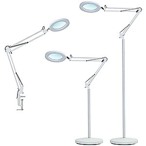 Psiven Magnifying Glass Floor Lamp, Dimmable LED Magnifying Lamp with Clamp - 12W, 3 Lighting Modes, 5 Diopter, Height Adjustable - Super Bright Floor Lamp with Magnifier for Reading, Craft, Task