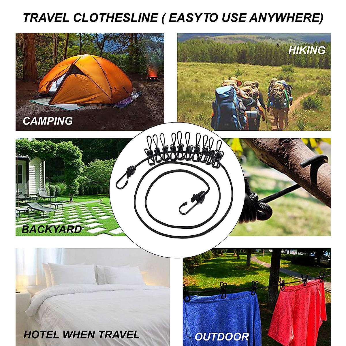 Home-X Portable Travel Bungee Clothesline 10pcs Clothespin, Travel Elastic Clothesline Camping Clothes Lines Adjustable Clothes Rope Portable Clothesline with Clips for Outdoor Wind-Proof Clothesline