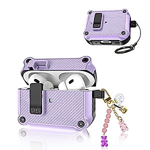 [5in1 Set] Case for Airpods Pro 2nd Generation with Secure Lock, Carbon Fiber PC+TPU Full Body Protective Air Pods Pro 2 Case Cover for Women with Fashion Candy Keychain (Purple)