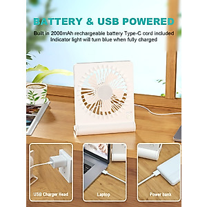 Tevelecin Small Desk Fan, 2000mAh Rechargeable USB Fan Battery Operated,Ultra Quiet, Strong Wind, 3 Speeds Travel Fan