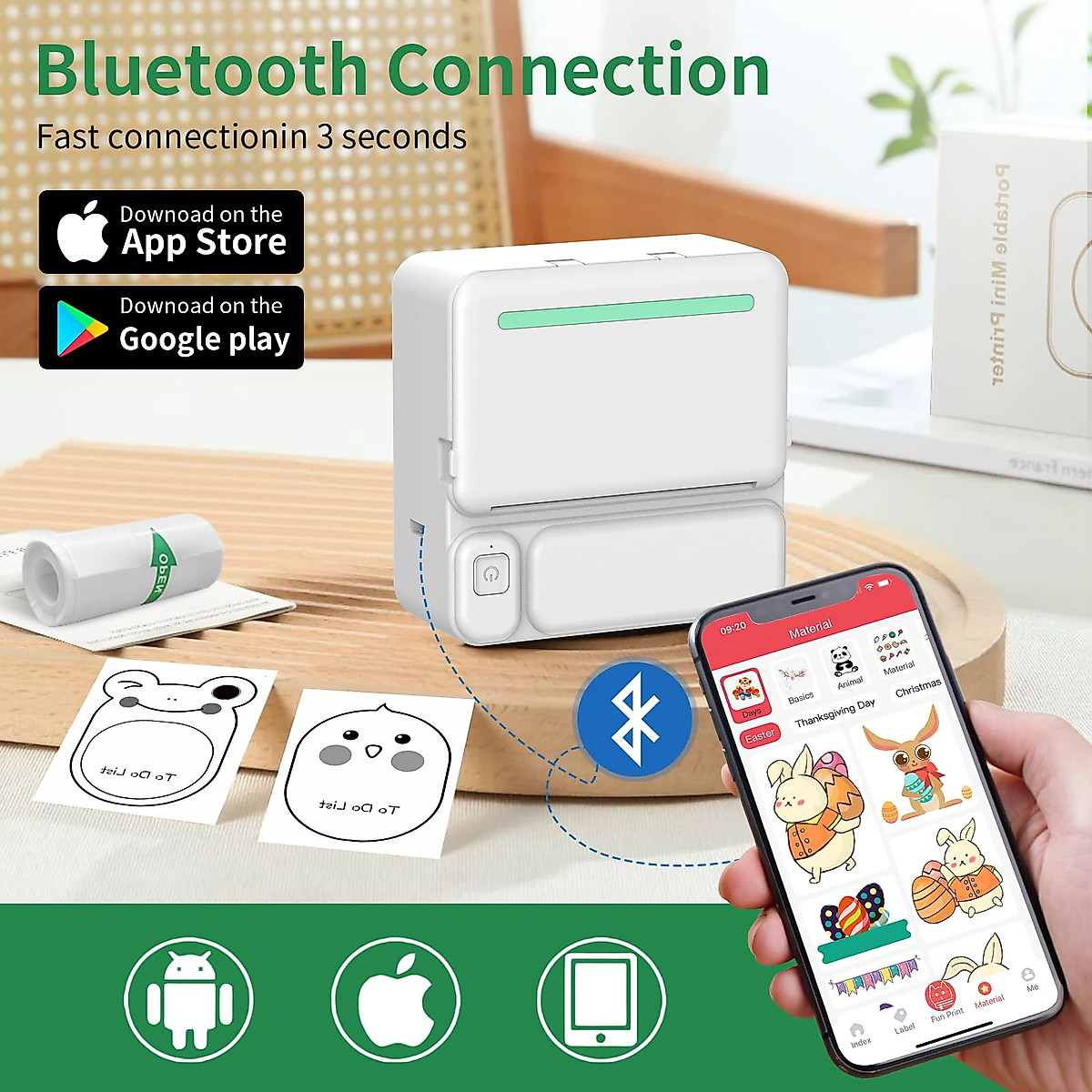 kazazoo Mini Thermal Printer Bluetooth Pocket Printer Portable Inkless Sticker Printer for Notes/Lists/Label/Memo/Scrapbook, Photos Compatible with iPhone iOS & Android or Tablet (with 2 Roll Paper)