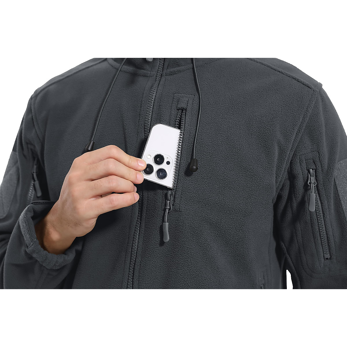 CRYSULLY Mens Fleece Jacket Coat Military Hoodie Winter Warm Zip Up Coat with Multi Pockets Grey M