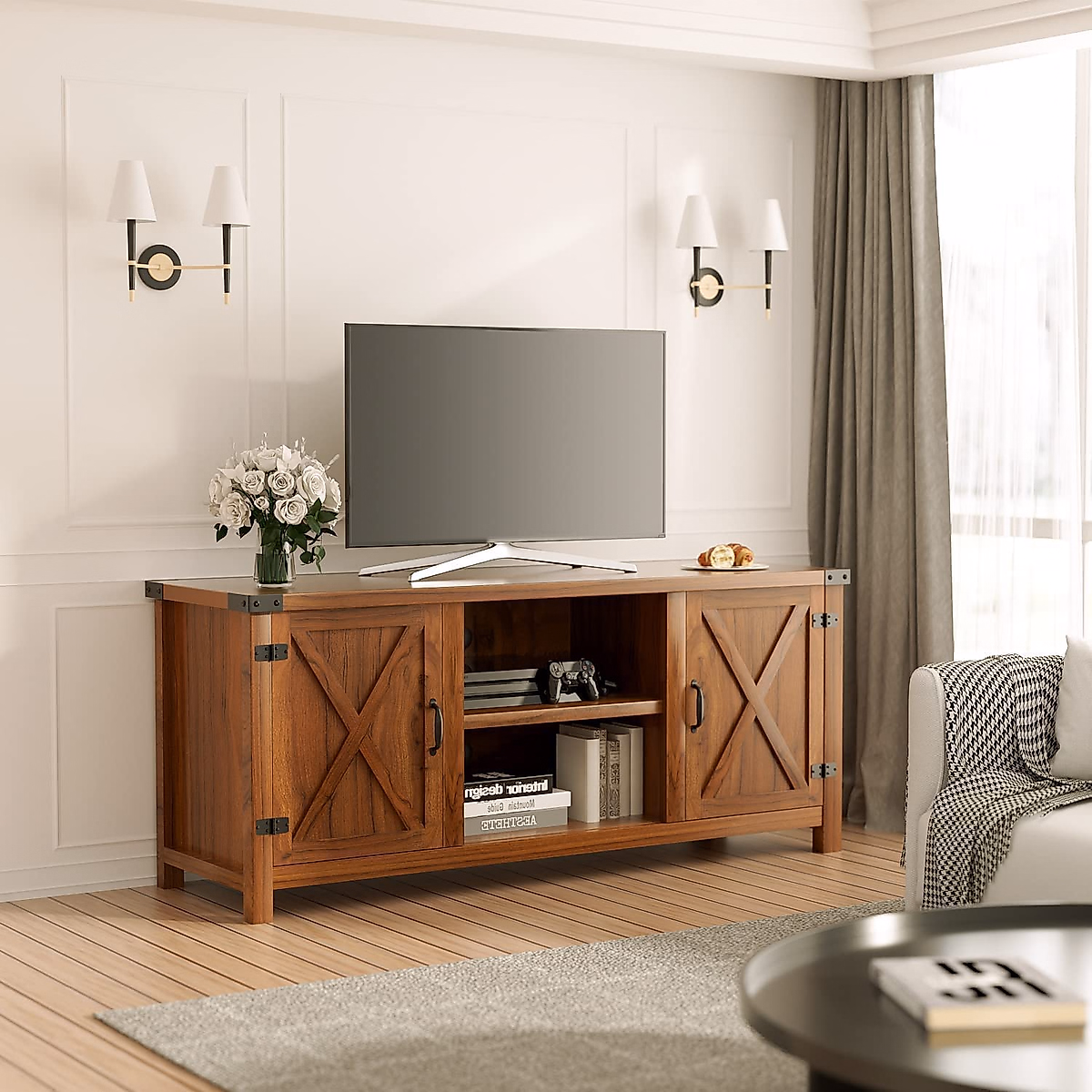 Farmhouse TV Stand for 65 Inch TV, Mid Century Modern Television Stand Entertainment Center for Living Room Bedroom, TV Console Table with Double Barn Doors and Storage Cabinets (Walnut)