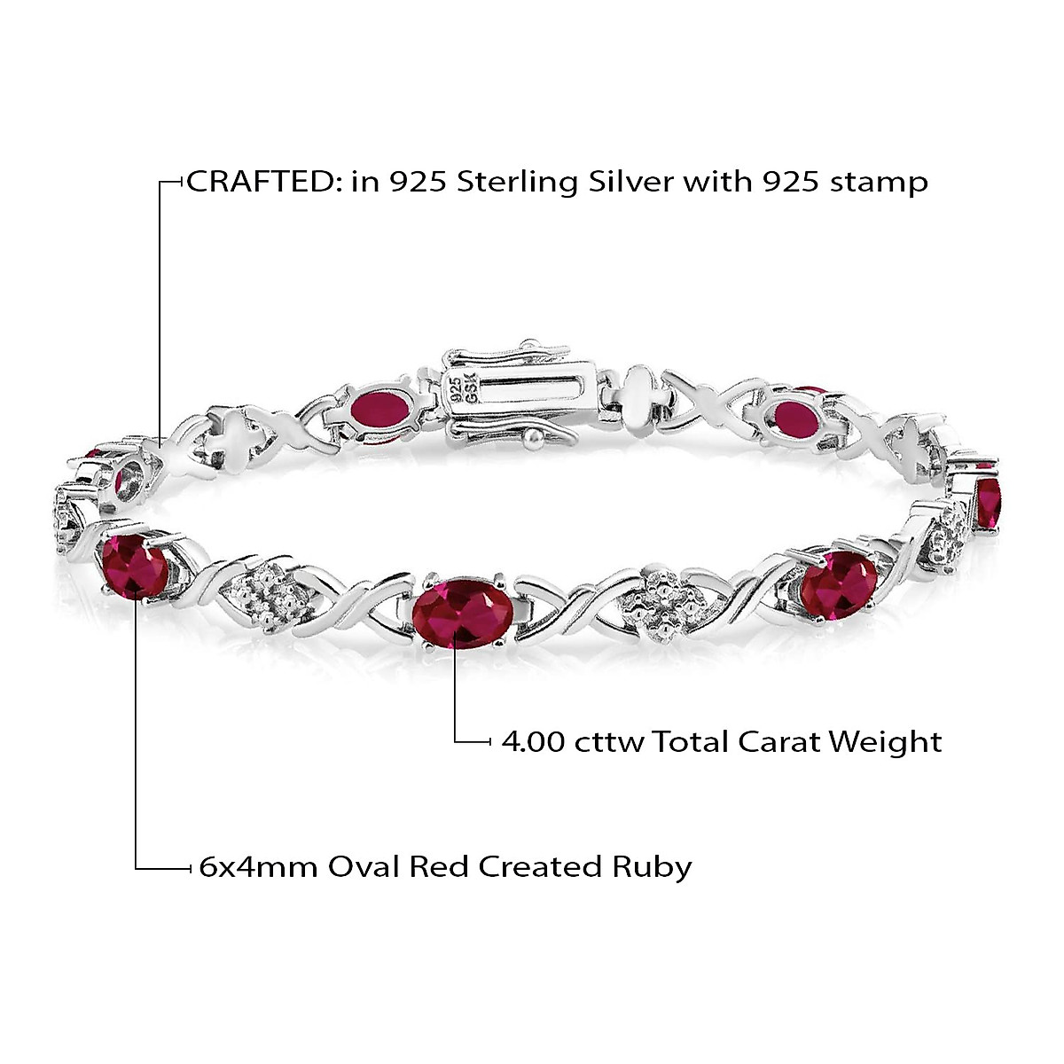 Gem Stone King 925 Sterling Silver Red Created Ruby Tennis Bracelet For Women (4.00 Cttw, Gemstone July Birthstone, Oval 6X4MM, 7 Inch)