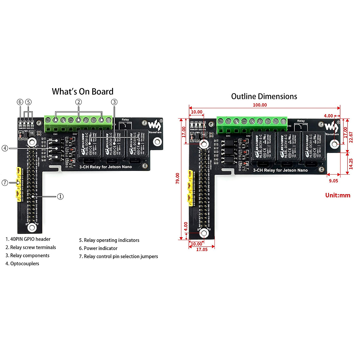 3-Channel Relay Expansion Board for Jetson Nano Developer Kit B01 and Jetson Nano 2GB Developer Kit, up to 2X Stackable Max Load ≤5A 250V AC or ≤5A 30V DC