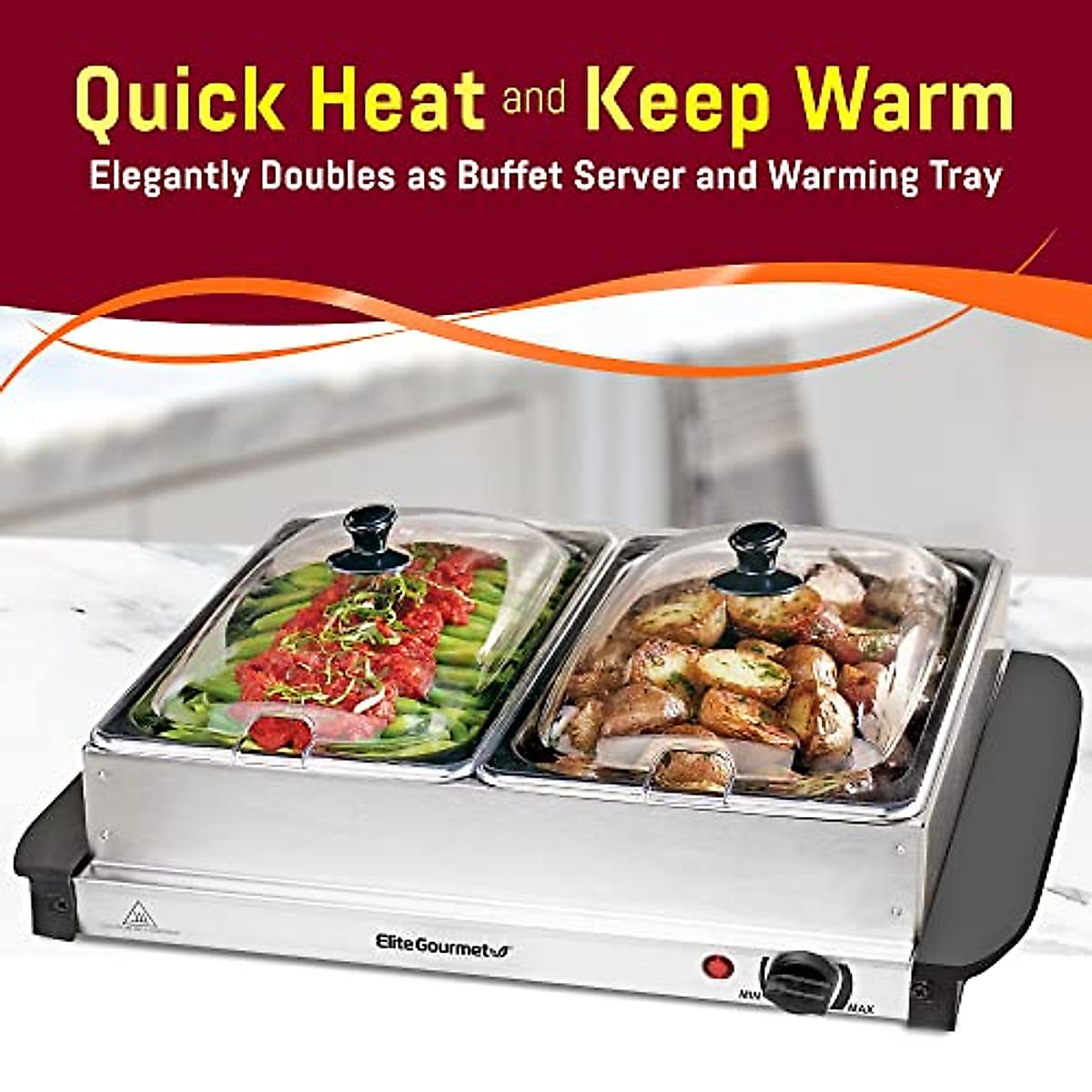Elite Gourmet EWM-6122 Dual 2 x 2.5 Qt. Trays, Buffet Server, Food Warmer Temperature Control, Clear Slotted Lids, Perfect for Parties, Entertaining & Holidays, 5 Qt Total, Stainless Steel