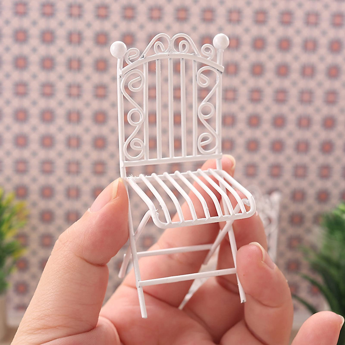 Metal Doll House Bistro Set, White Miniature Doll House Table and Chairs Set, 1/12 Scale Miniature Patio Set Fairy Garden Furniture Ornaments Micro Decor A
