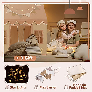 Kids Play Tent with Non-Slip Mat, Star Lights, Decorating Flag, Large Playhouse with 4 Windows, Machine Washable, Indoor and Outdoor Play Tent for Kids, Girls, Pink, 47" x 40" x 52"