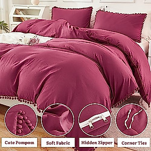Andency Pom Pom Fringe Duvet Cover Queen Size (90x90 Inch), 3 Pieces (1 Solid Burgundy Red Duvet Cover, 2 Pillowcases) Soft Washed Microfiber Duvet Cover Set with Zipper Closure, Corner Ties