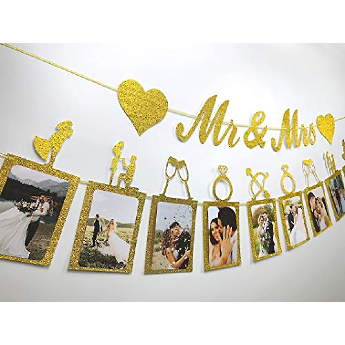 Wedding Decorations,Mr & Mrs Banner and Photo Banner with Picture Card Frames for Wedding/Engagement/Anniversary Party Decorations(Gold Glitter)