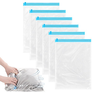 Prasacco 6-Pack Space-Saver Bags, 19.7x13.8inch/50x35cm, Reusable Roll-Up Storage Bags, Compression Bags for Travel, Transparent Blue, Zipper Closure, Nylon & Plastic Polyethylene