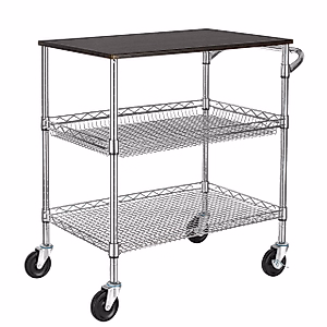 Finnhomy 3 Tier Heavy Duty Commercial Grade Utility Cart with Wood Top, Wire Rolling Cart with Handle Bar, Steel Service Cart with Wheels, Utility Shelf Food Storage Trolley, NSF Listed