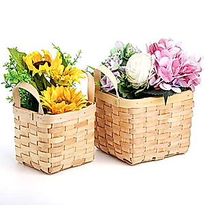 Okllen Set of 3 Small Woodchip Basket with Handles, Wooden Woven Baskets Handmade Wicker Baskets, Empty Storage Basket Container for Organizing Pantry, Closet, Toy, Wedding Stuff, Square, 3 Sizes
