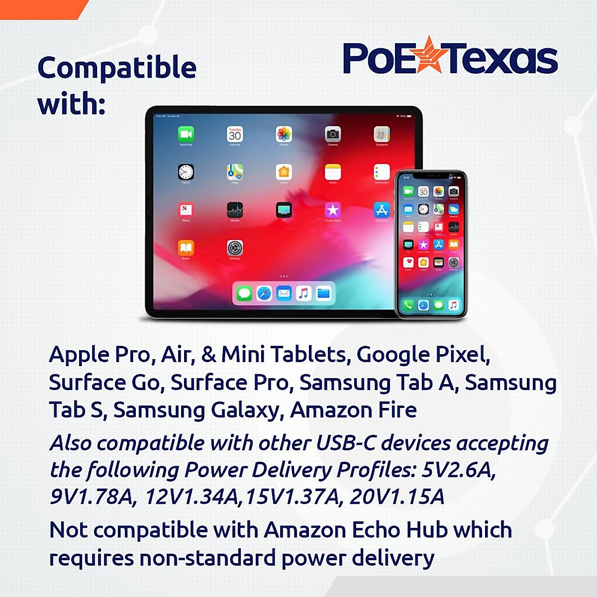 PoE Texas PoE+ Power and Data to USB-C Converter – Compatible with Apple Pro, Air, & Mini Tablets, Google Pixel, Lenovo M10+, Surface Go, Surface Pro, & Others, for POS, Digital Signage, & More