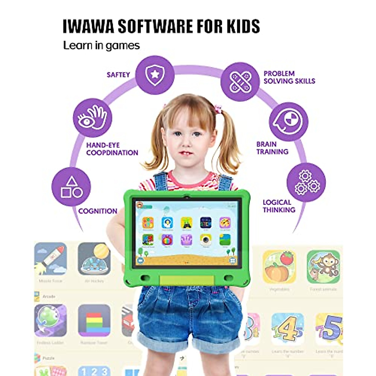 BAKEN 10" Kids Tablet, WiFi Tablet for Kids, Android 12.0 Toddler Tablet with Dual Camera 3GB 64GB 1280x800 HD IPS Touchscreen 6000mAh Kidoz Pre-Installed Parental Control Kid-Proof Case (Green)