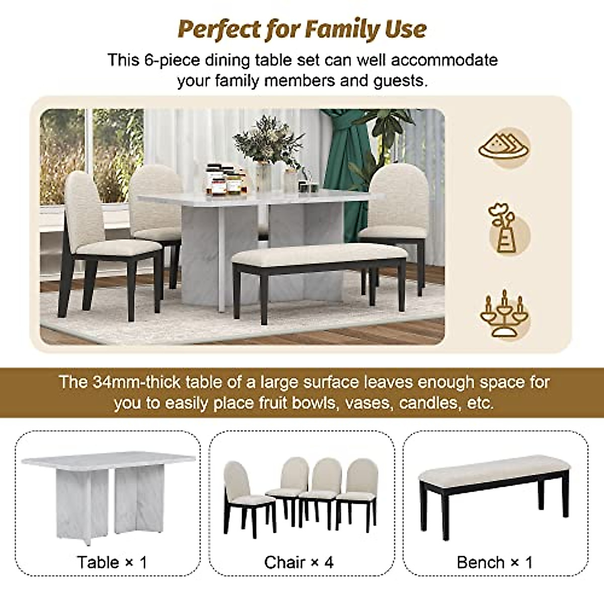 WOZNLA Room 6-Piece Modern Style Set-Faux Marble Table with 4 Upholstered Dining Chairs & 1 Bench-Contemporary White Design for Family Kitchen