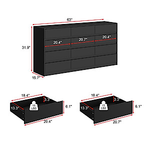 WOODTIME Dresser with 12 Handleless Drawers, 63" Large Chest of Drawers with Slide Rails, Modern Wooden Double Dresser for Bedroom Living Room, Black
