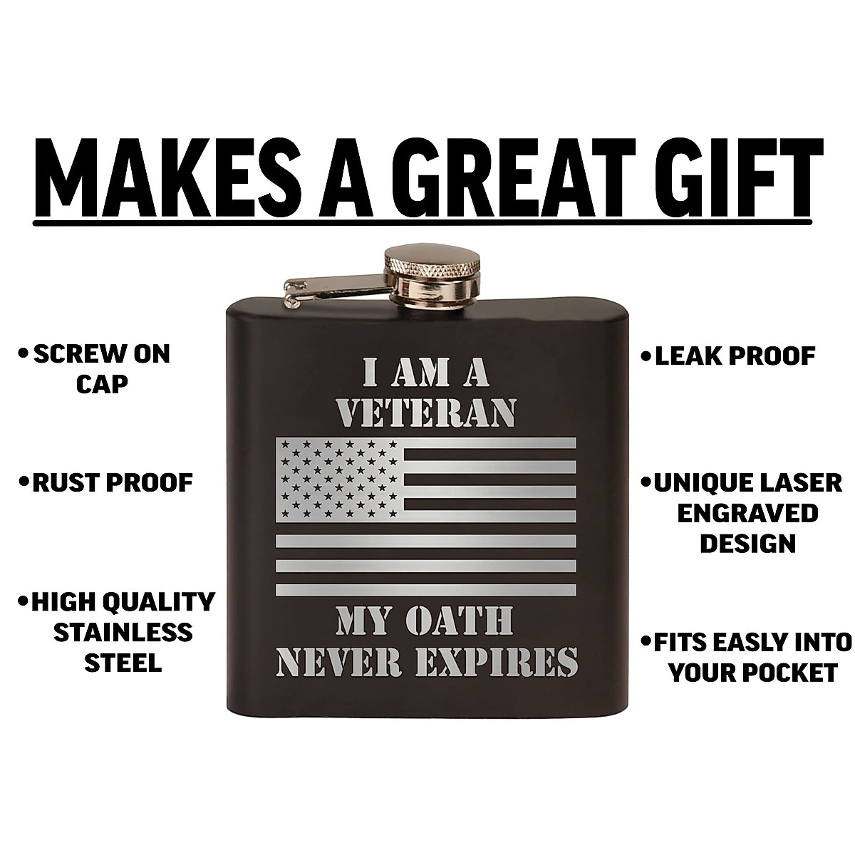 Rogue River Tactical USA American Flag Veteran Oath Stainless Steel Hip Flask Premium Matte Black Makes a Great Gift For Him Dad Father Veteran