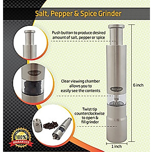 Avryware Stainless Steel Refillable Spice Grinder Mill For Salt, Pepper, and Seasoning - Thumb Operated Push Button For One Hand Grinding