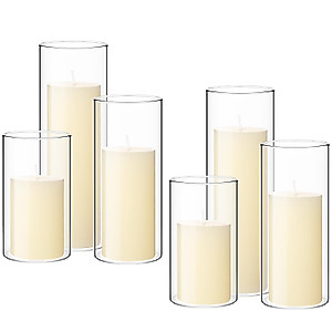 Shihanee Set of 6 Pillar Candles and Glass Cylinder Vases Clear Cylinder Candle Holders for Slim Tall Pillar Candles Wedding Centerpieces(2.6'' x 4.7'', 5.9'', 7.9'',Ivory White)